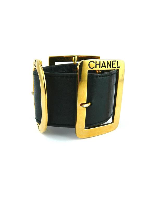 Chanel Vintage Rare Black Lambskin Leather Belt Buckle Bracelet Cuff at ...