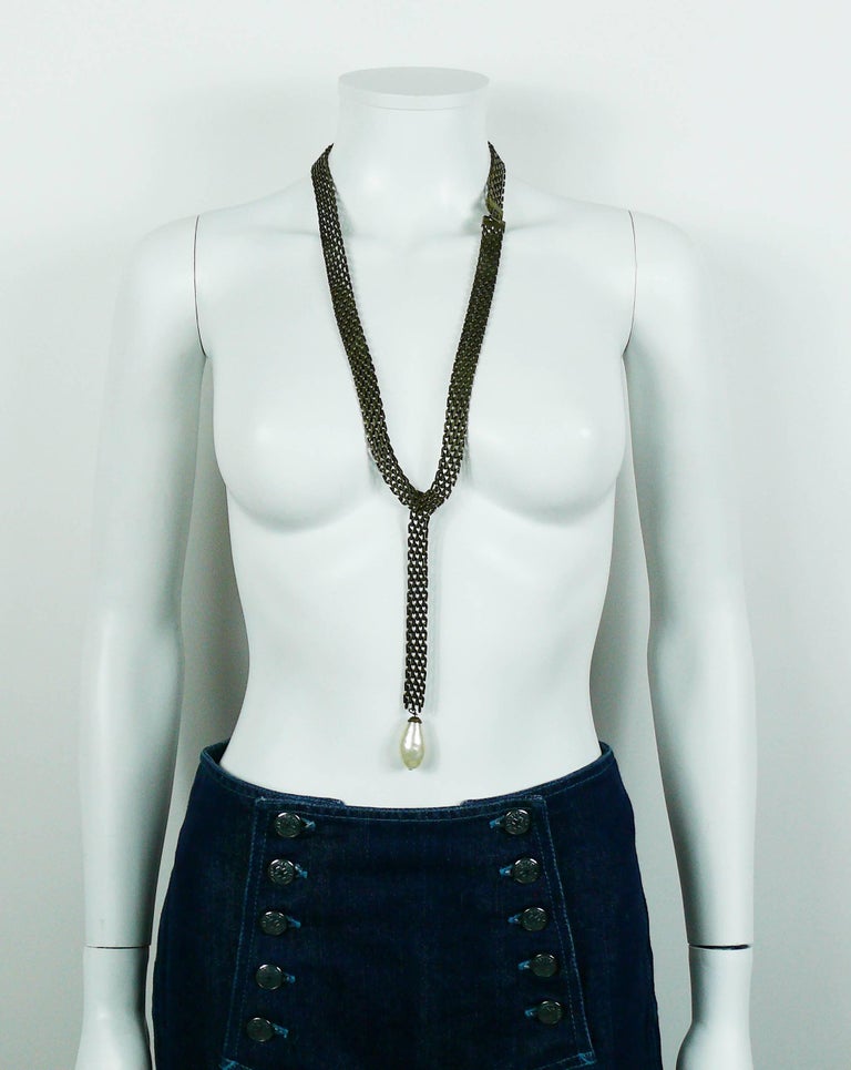 Chanel Lariat Chain Belt with Large Glass Pearl Drop For Sale at 1stdibs