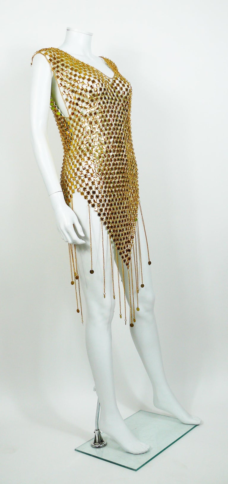 1970s Gold Toned Rhodhoid Chainmail Fringed Dress For Sale at 1stDibs