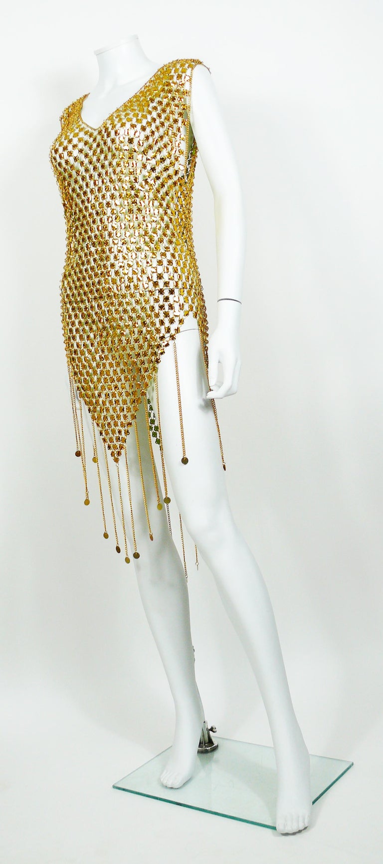 1970s Gold Toned Rhodhoid Chainmail Fringed Dress For Sale at 1stDibs