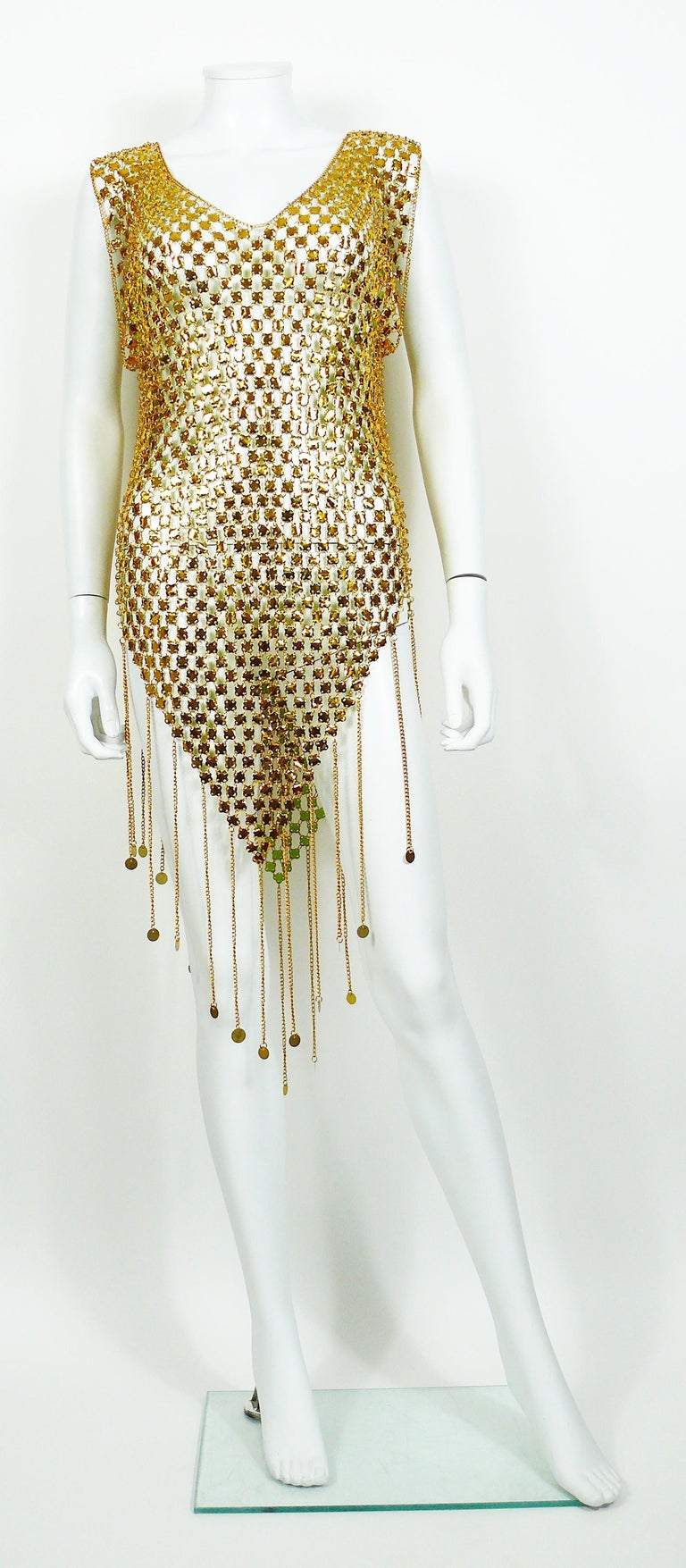 1970s Gold Toned Rhodhoid Chainmail Fringed Dress For Sale at 1stDibs