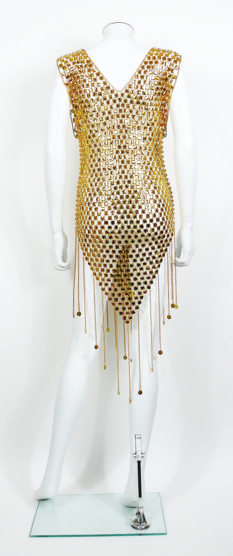 1970s Gold Toned Rhodhoid Chainmail Fringed Dress For Sale at 1stDibs