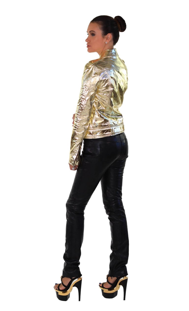 VERSACE VERSUS GOLD METALLIC LEATHER BIKER JACKET with EMBROIDERY at ...