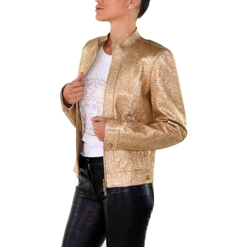 New VERSACE GOLD METALLIC TEXTURED LEATHER JACKET For Sale at 1stDibs