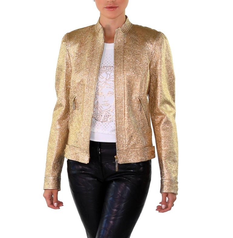 New VERSACE GOLD METALLIC TEXTURED LEATHER JACKET For Sale at 1stDibs
