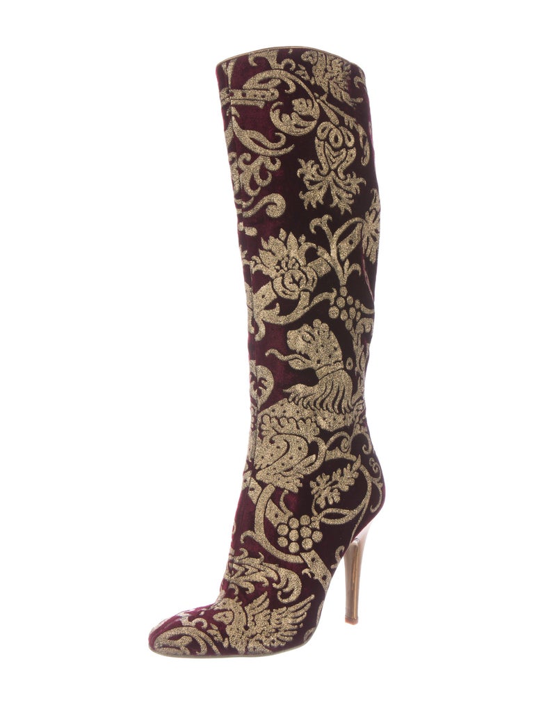 ROBERTO CAVALLI Burgundy Red Velvet Gold Brocade Boots at 1stDibs