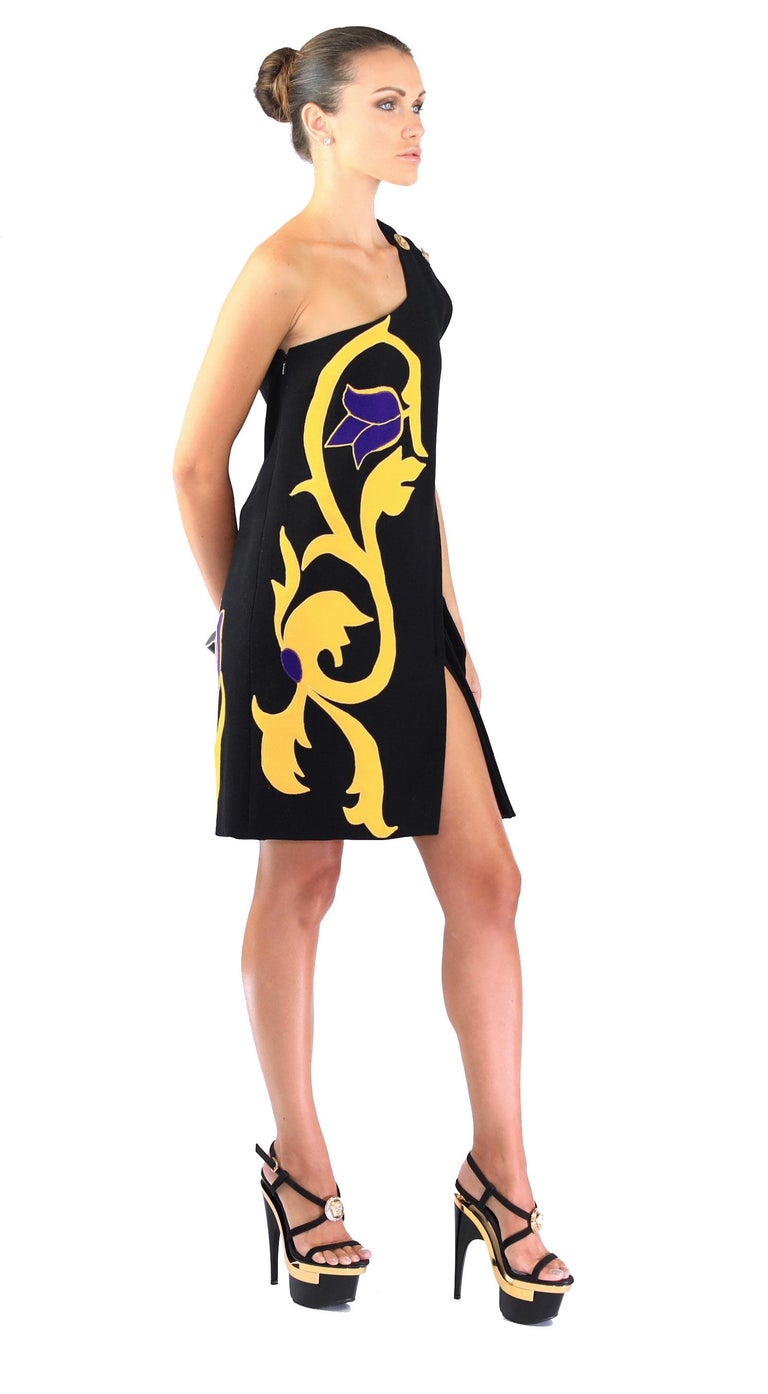 Versace Button-Detailed Tulip Applique One Shoulder Dress For Sale at ...