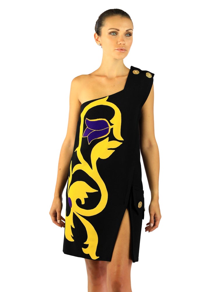 Versace Button-Detailed Tulip Applique One Shoulder Dress For Sale at ...