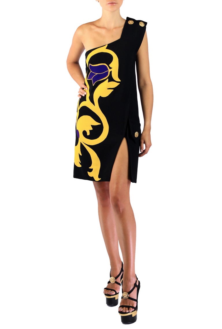 Versace Button-Detailed Tulip Applique One Shoulder Dress For Sale at ...