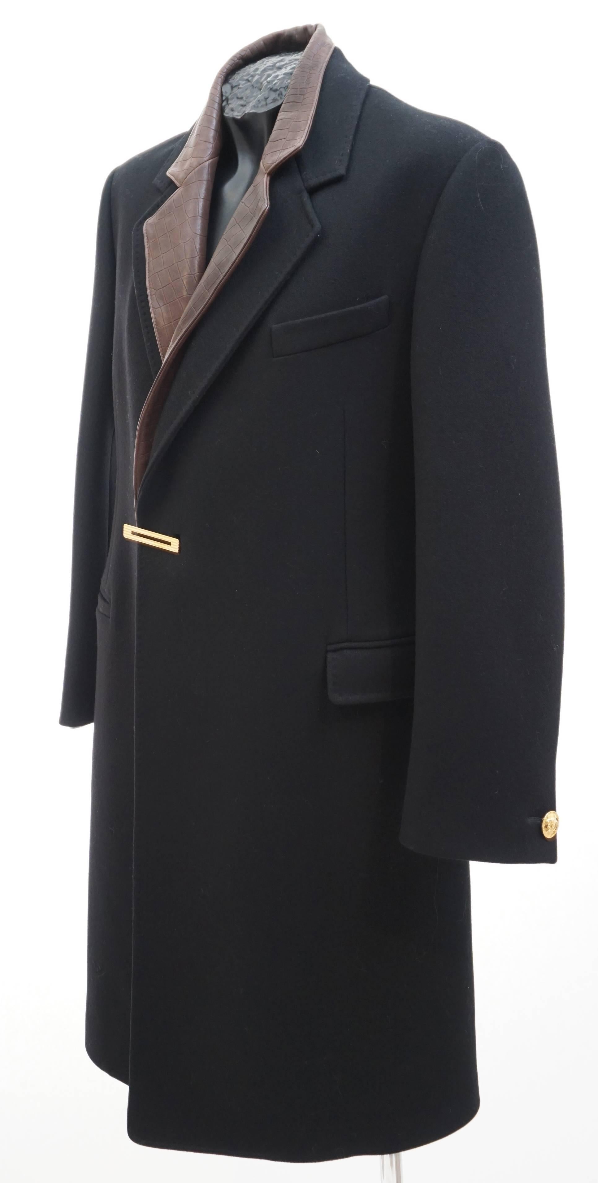 New Versace Black Coat with Brown Crocodile print leather trim at 1stDibs
