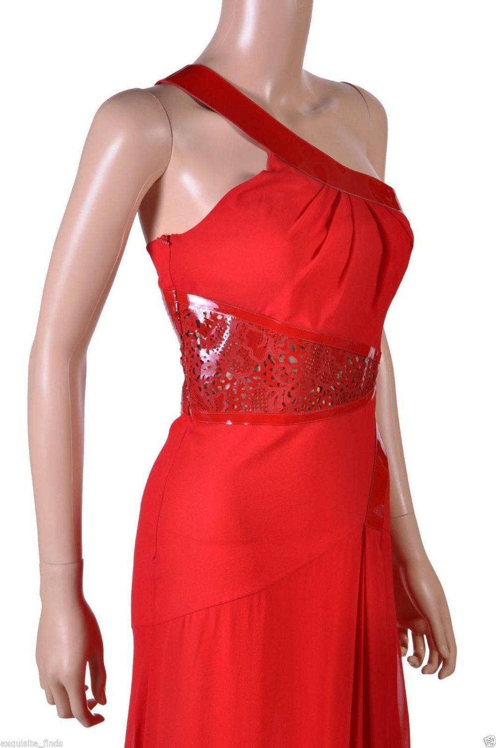 Versace Red Silk Chiffon Gown Dress with Patent Leather For Sale at 1stdibs