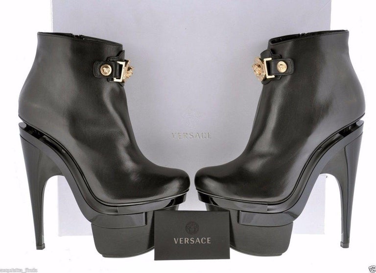 New Versace Signature Black Leather Boots with Triple Platform at ...