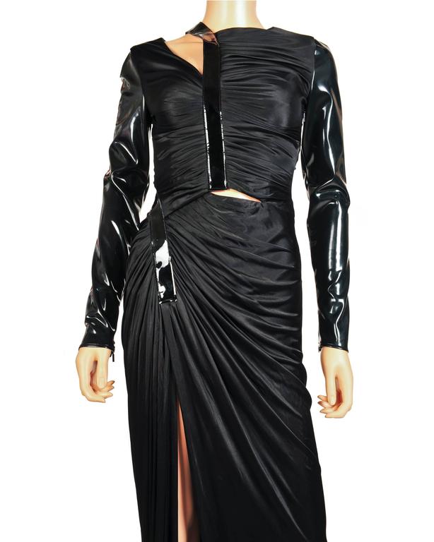 New VERSACE Hottest Black Liquid Jersey Gown With Vinyl Sleeves For ...