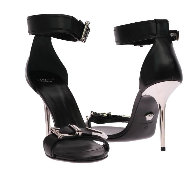 VERSACE black leather sandals with metallic stiletto heel Sz 41 For ...