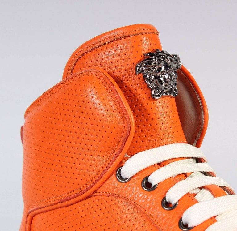 New Versace Men's Orange Perforated Leather High-Top Sneakers at ...