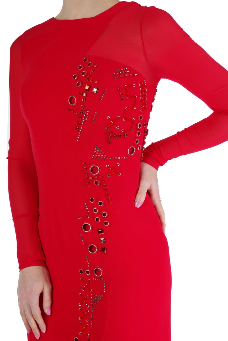 NEW VERSACE RED SILK EMBELLISHED GOWN with LONG SLEEVES For Sale at ...