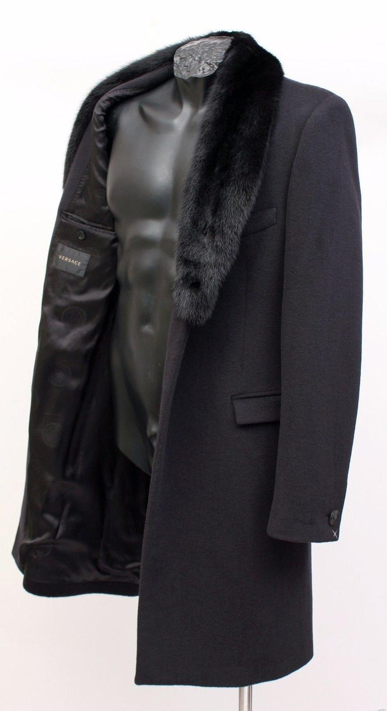 New Versace Black Wool and Cashmere Coat With Mink Fur for Men at 1stDibs