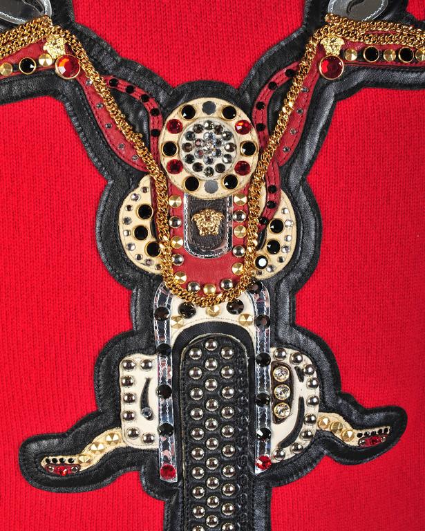 New VERSACE RED JEWEL EMBELLISHED 100% CASHMERE CREWNECK SWEATER For ...