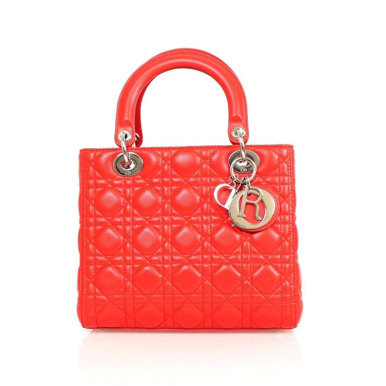 Christian Dior Red Lambskin Leather Silver HDW Mini Lady Dior Tote Bag ...