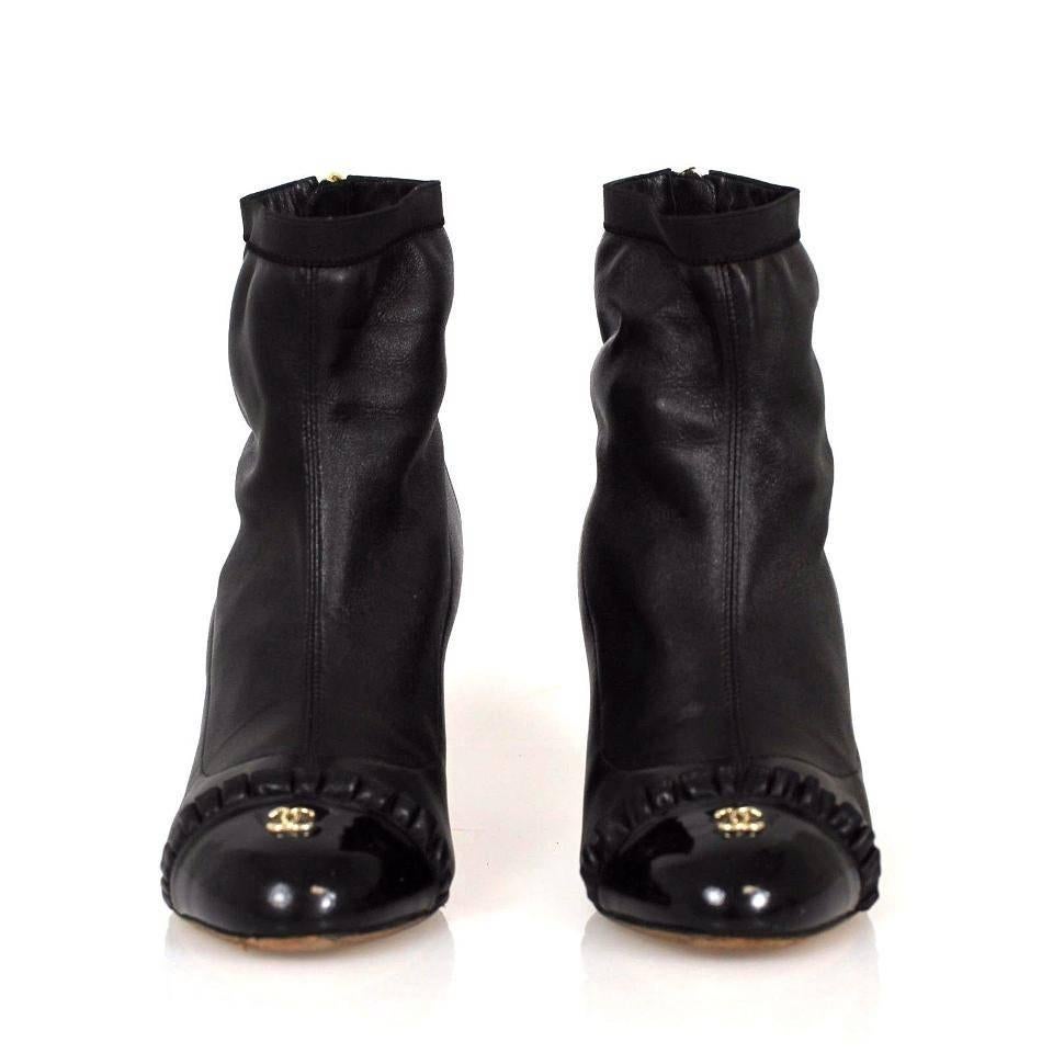 CHANEL Leather Cap Toe Gold Cc Logo Embellished Ankle Heel Black Boots ...