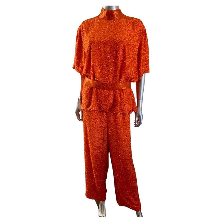 Stephen Yearick Custom Made Orange Silk Bugle Bead Tunic and Pant Set ...