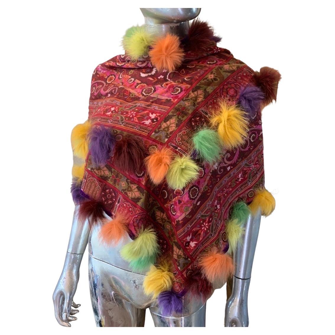 Etro Italy Signature Paisley Print in Wool/Silk w/ Multi Color Fox Fur ...
