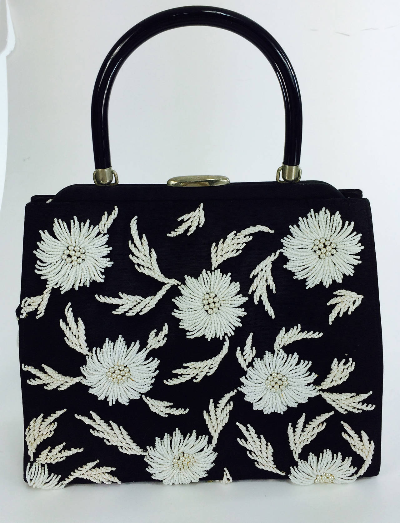 1950s black faille and white floral beaded handbag Elise Tu Hong Kong ...