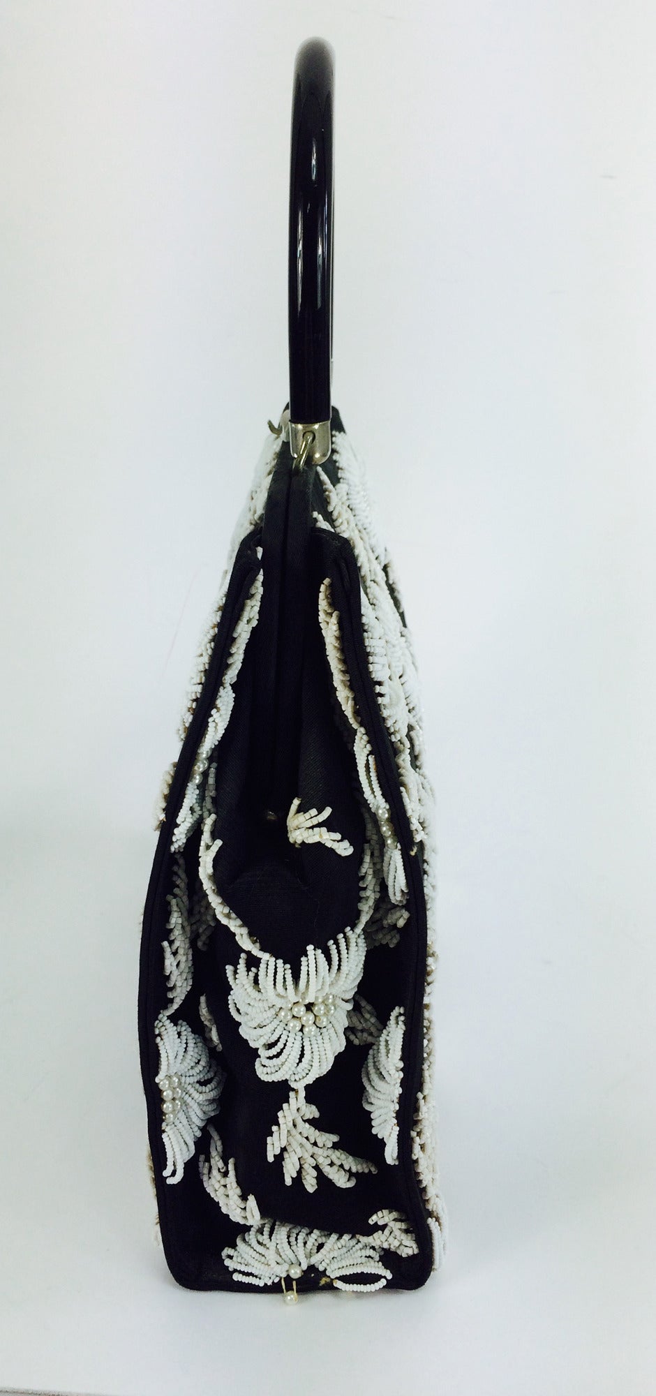 1950s black faille and white floral beaded handbag Elise Tu Hong Kong ...