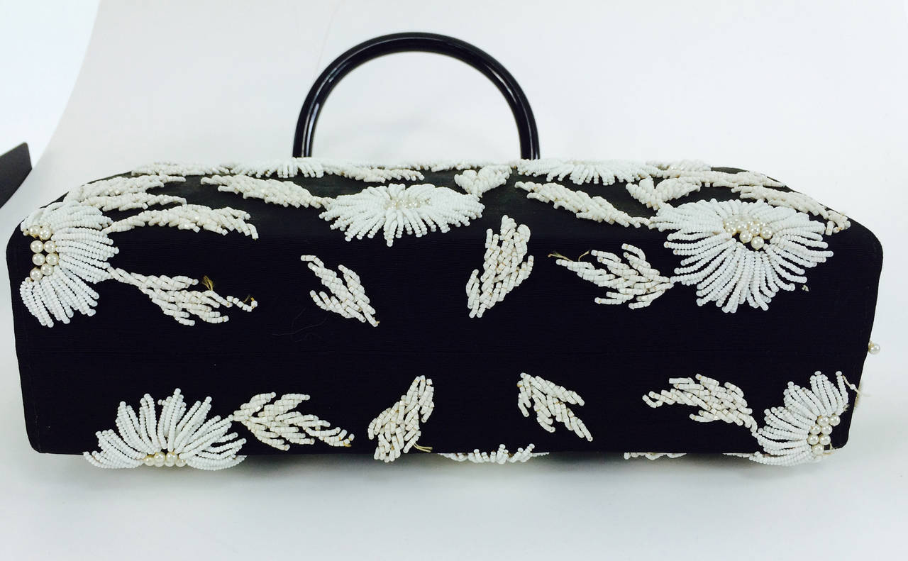 1950s black faille and white floral beaded handbag Elise Tu Hong Kong ...