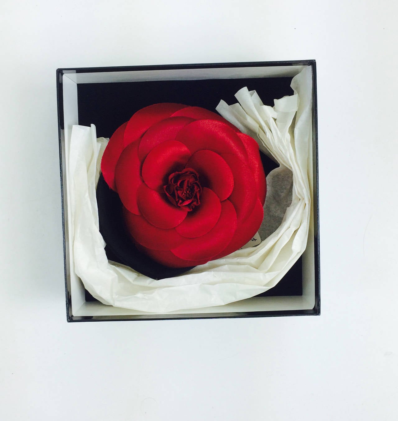 Chanel large deep red silk camellia flower pin in box at 1stDibs