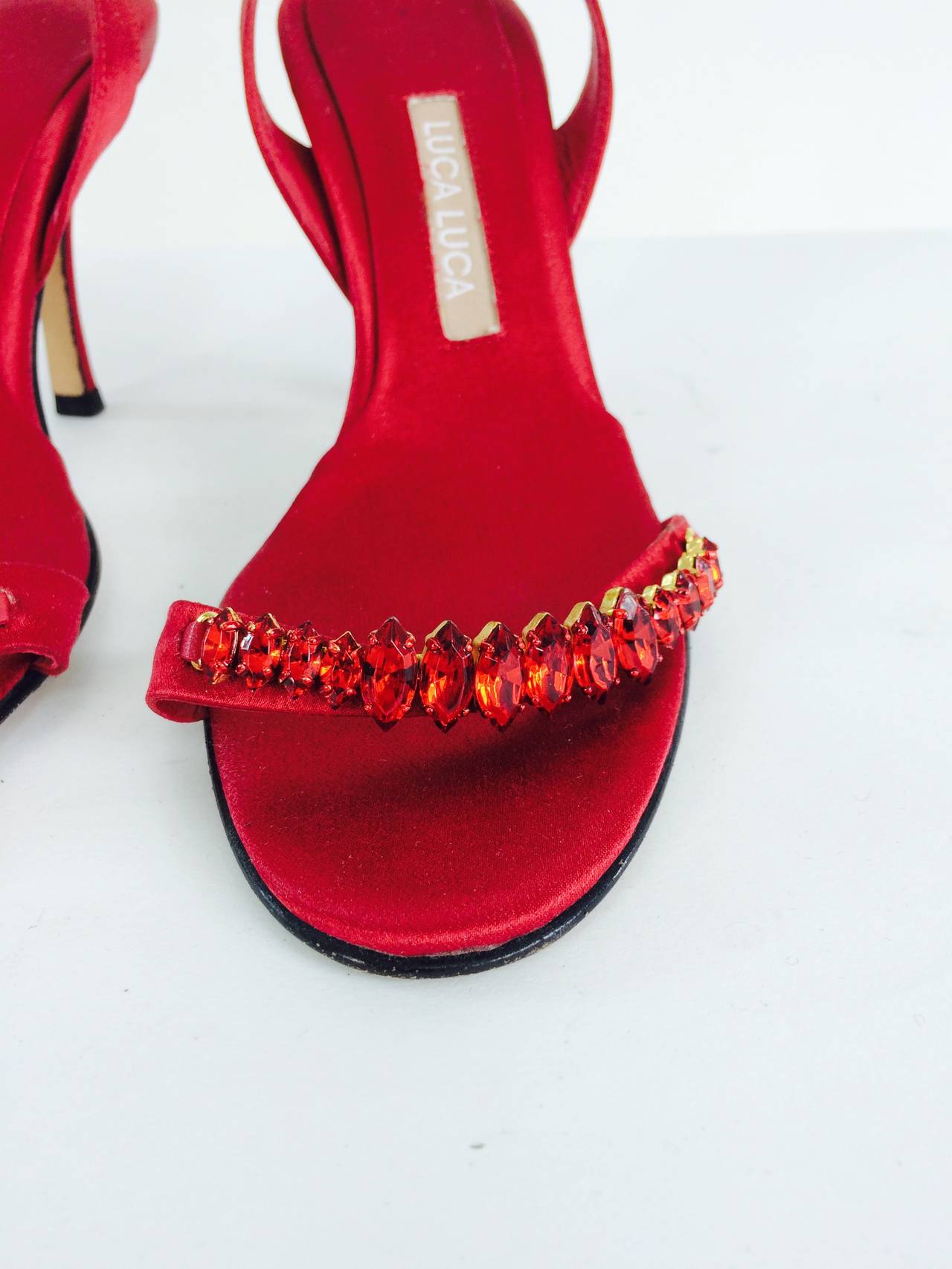 Luca Luca red silk and marquise ruby jewel evening high heel sandals ...