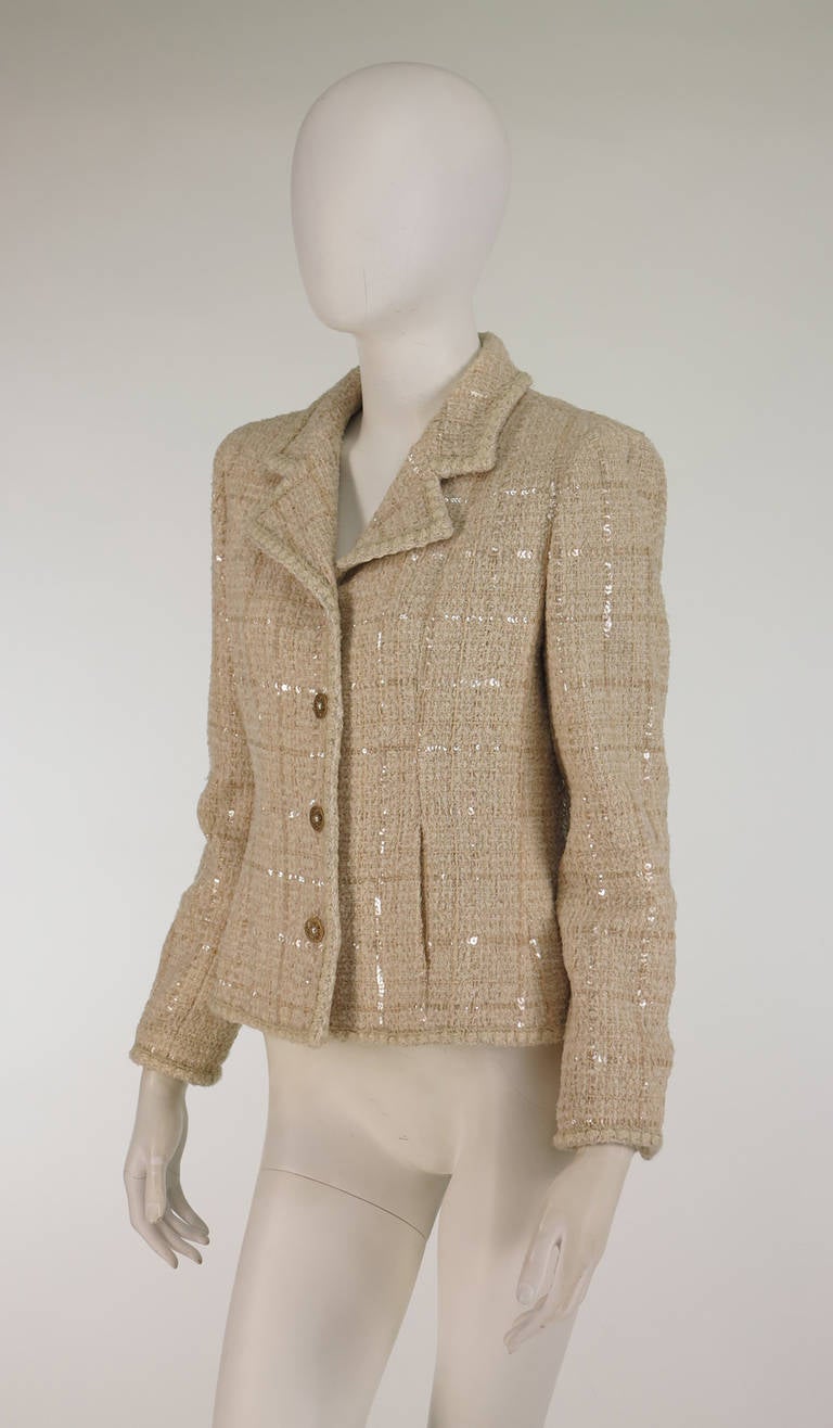 2001 Chanel cream tweed and sequin jacket at 1stDibs