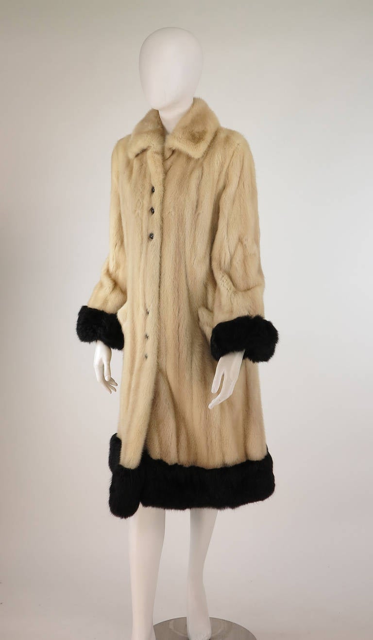 1970s Champagne mink coat with black fur trim For Sale at 1stDibs