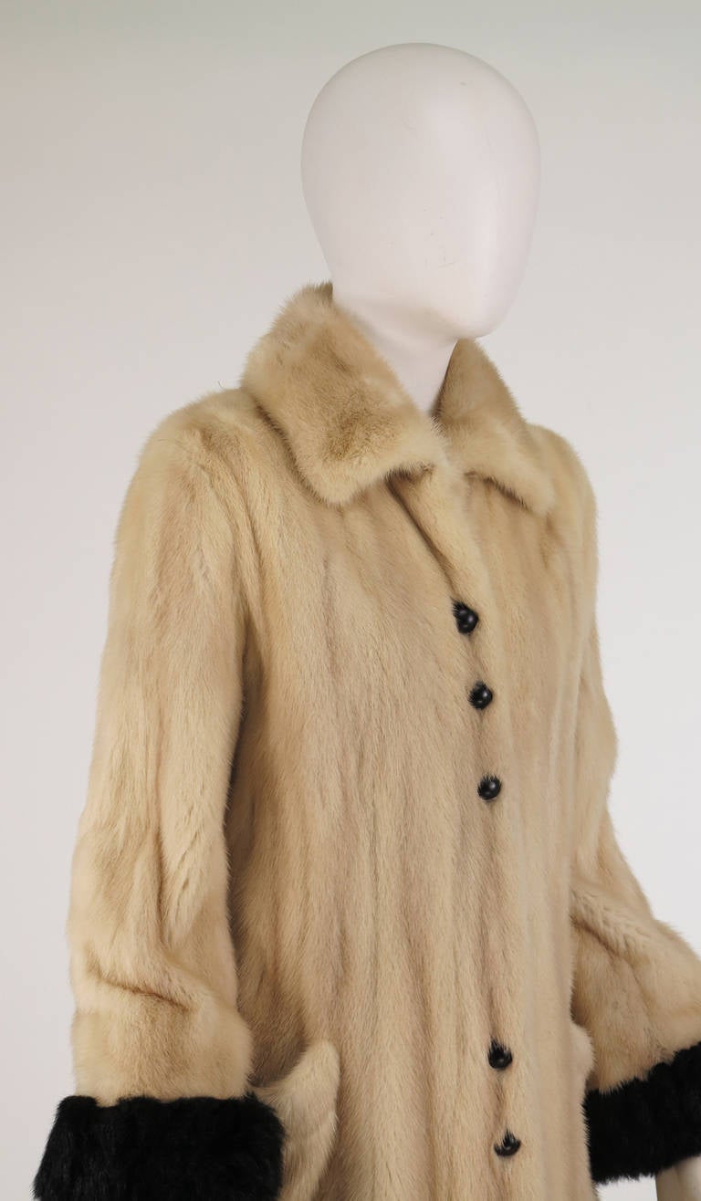 1970s Champagne mink coat with black fur trim For Sale at 1stDibs