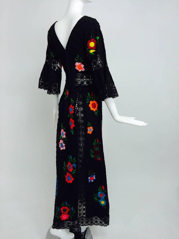 Vintage colourfully embroidered black cotton and lace Mexican maxi ...