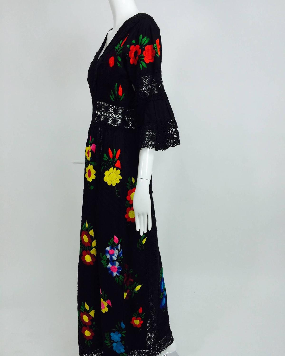 Vintage colourfully embroidered black cotton and lace Mexican maxi ...