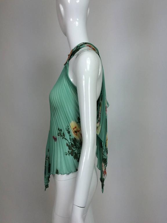 Ungaro aqua floral print pleated silk chiffon butterfly halter top at ...