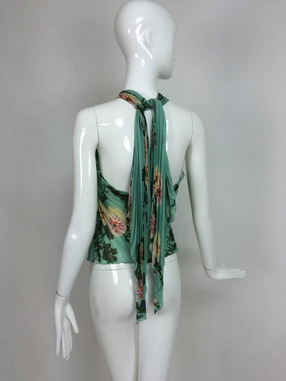 Ungaro aqua floral print pleated silk chiffon butterfly halter top at ...