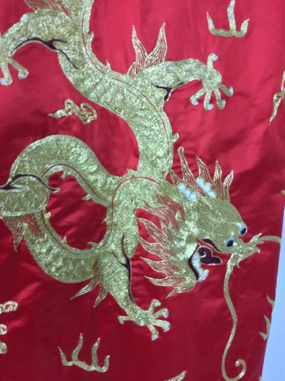 Red silk hand embroidered Golden 5 clawed dragon coat 1978 at 1stdibs