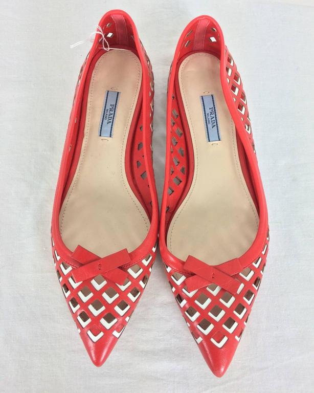 Prada lattice woven coral red and white leather pointy toe flats unworn ...