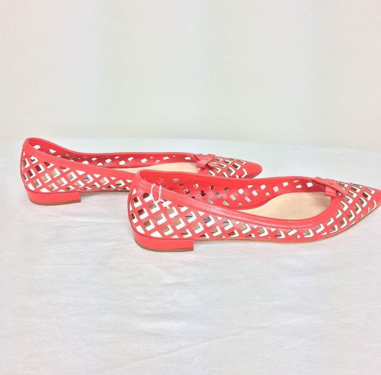 Prada lattice woven coral red and white leather pointy toe flats unworn ...
