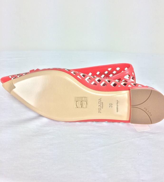 Prada lattice woven coral red and white leather pointy toe flats unworn ...