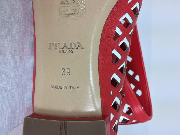 Prada lattice woven coral red and white leather pointy toe flats unworn ...