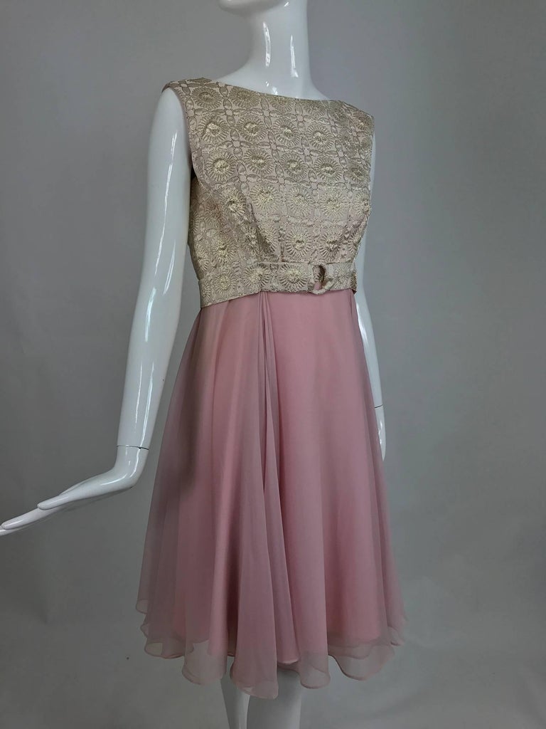 Vintage Pink Chiffon And Gold Metallic Brocade Cocktail Dress 1960s For Sale At 1stdibs