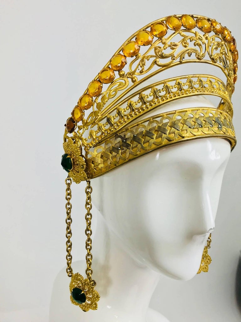 Rare Crown headdress gilt metal with jewels and side drops early 1900s ...