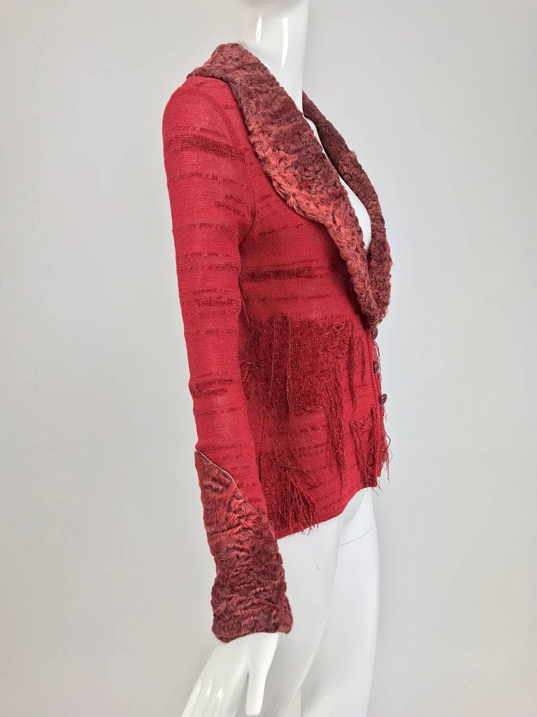 Christian LaCroix Brick Red Cardigan Sweater with Dyed Lamb Fur Trim at ...