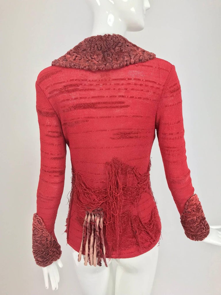 Christian LaCroix Brick Red Cardigan Sweater with Dyed Lamb Fur Trim at ...