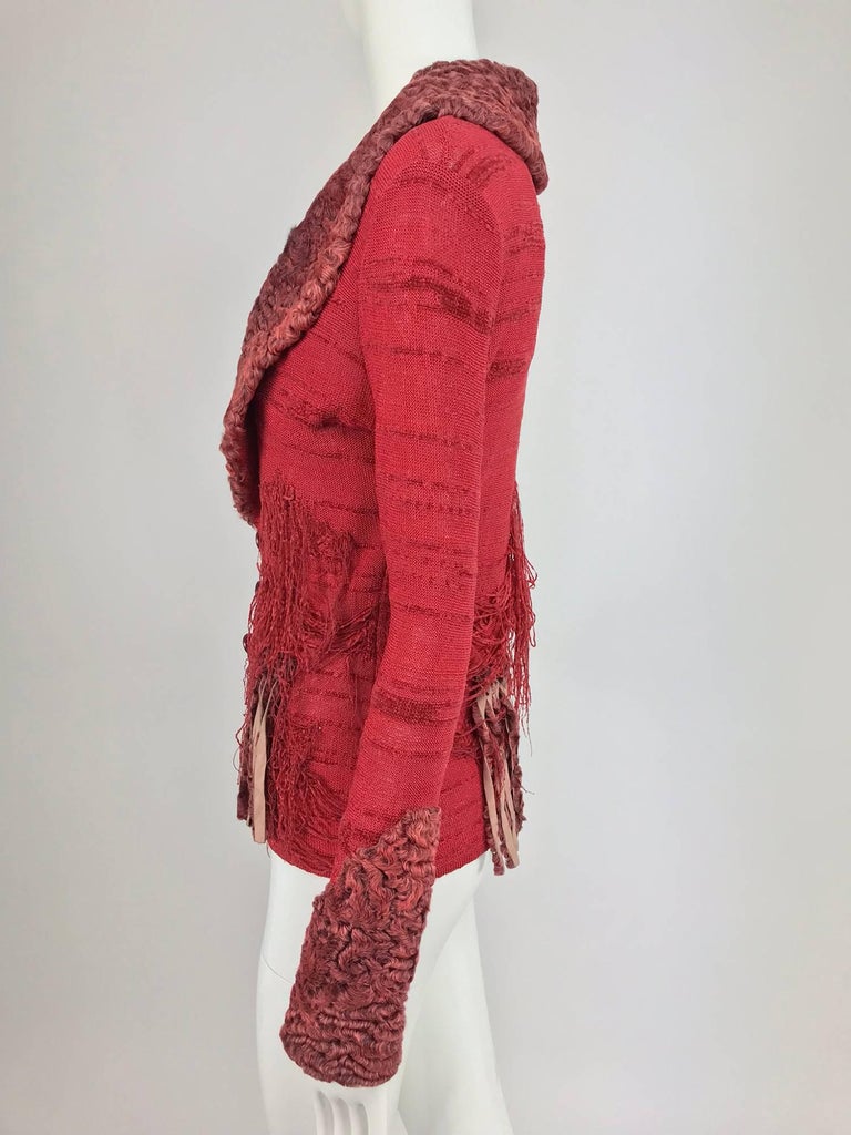 Christian LaCroix Brick Red Cardigan Sweater with Dyed Lamb Fur Trim at ...