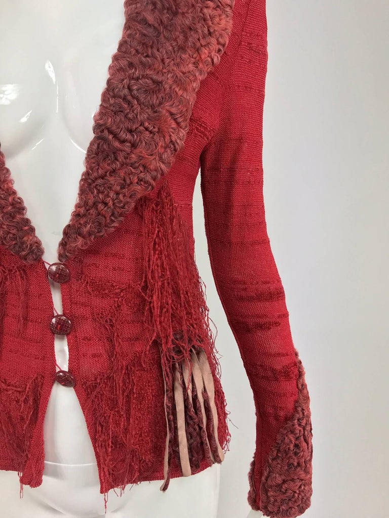 Christian LaCroix Brick Red Cardigan Sweater with Dyed Lamb Fur Trim at ...