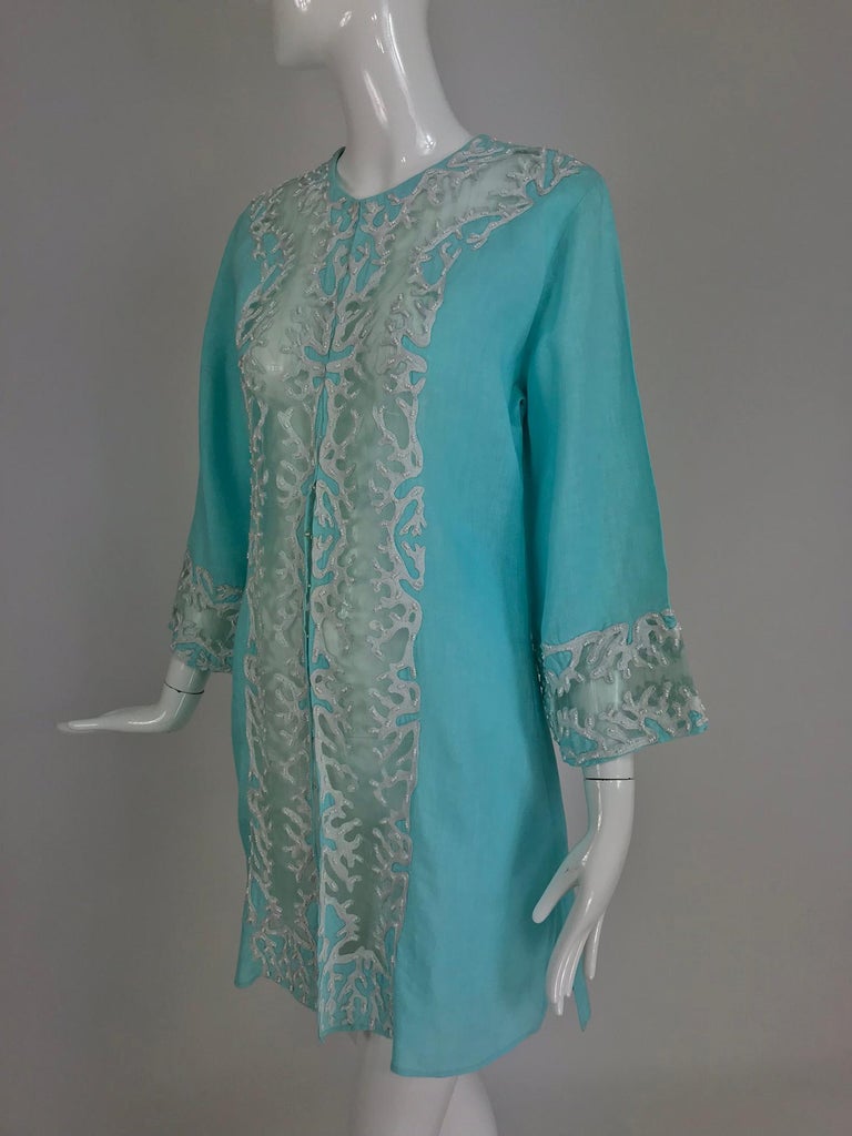 Jeannie McQueeny turquoise linen embroidered silk organza long jacket ...